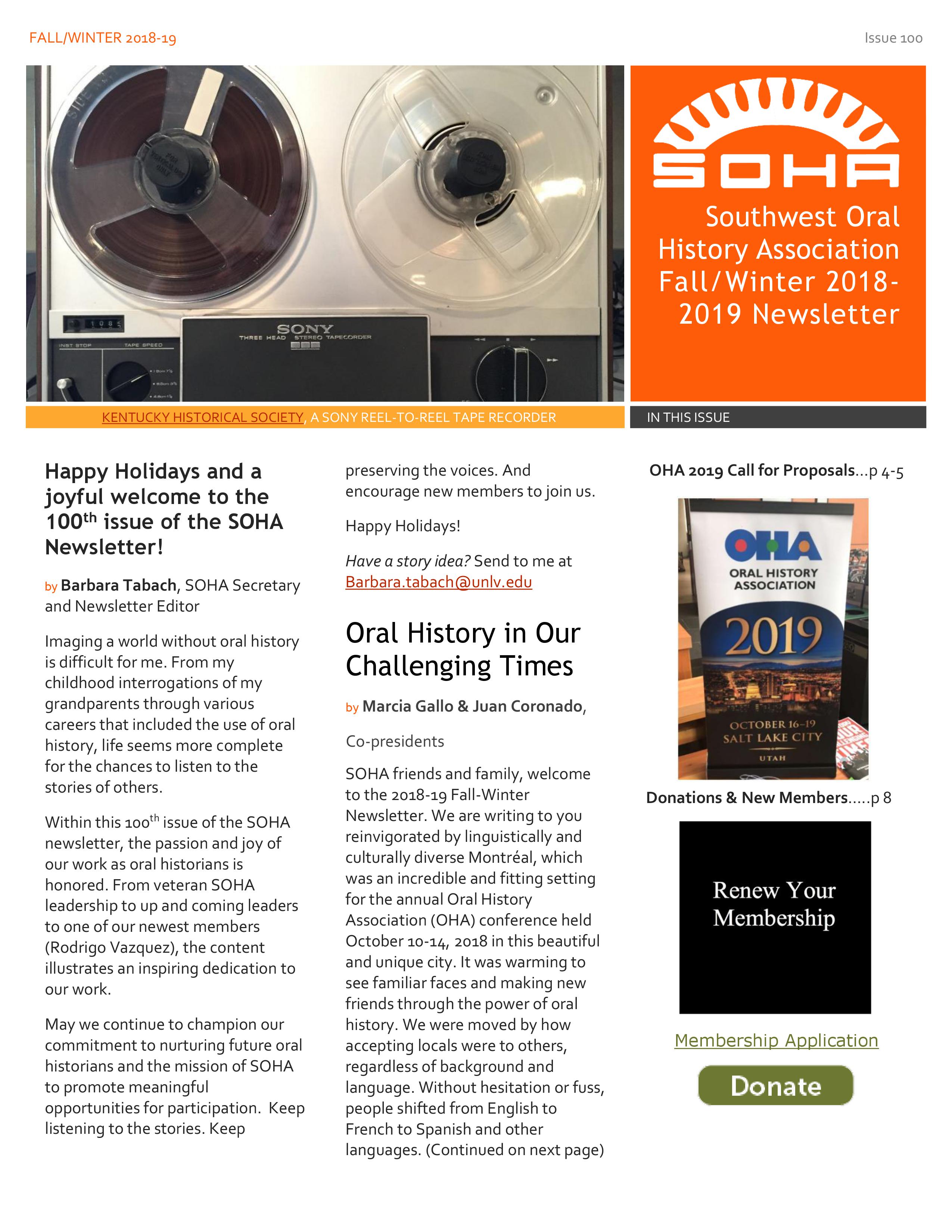 SOHA Fall/Winter Newsletter – Southwest Oral History Association